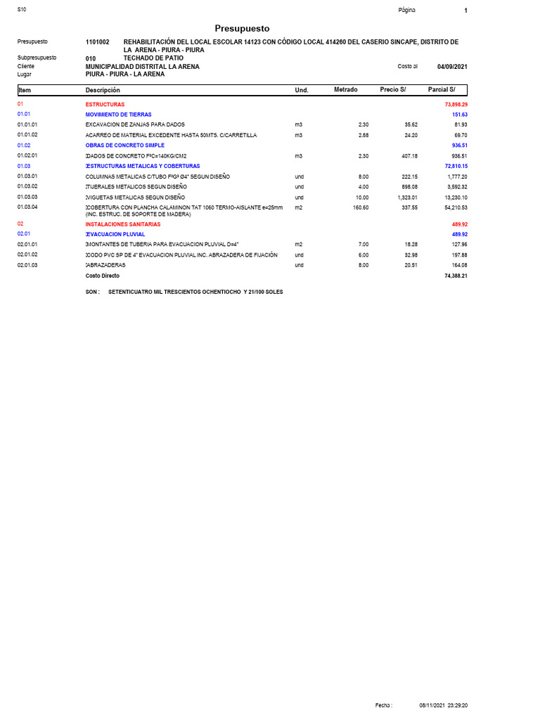 010 Techado de Patio-Presupuesto | PDF | Plomería | Ingeniería mecánica