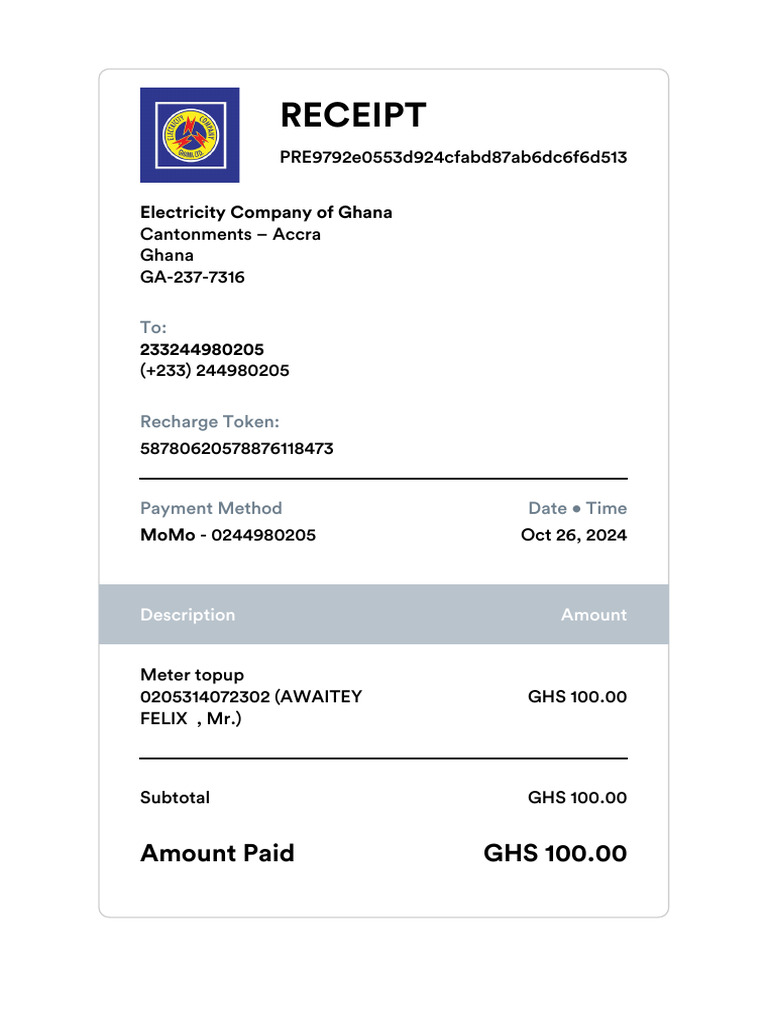 ECG Receipt for Meter Topup | PDF