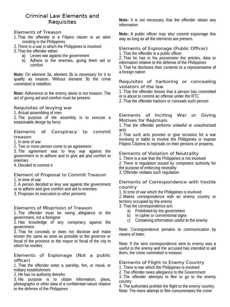 Criminal Law Elements and Requisites | PDF | Treason | Crimes