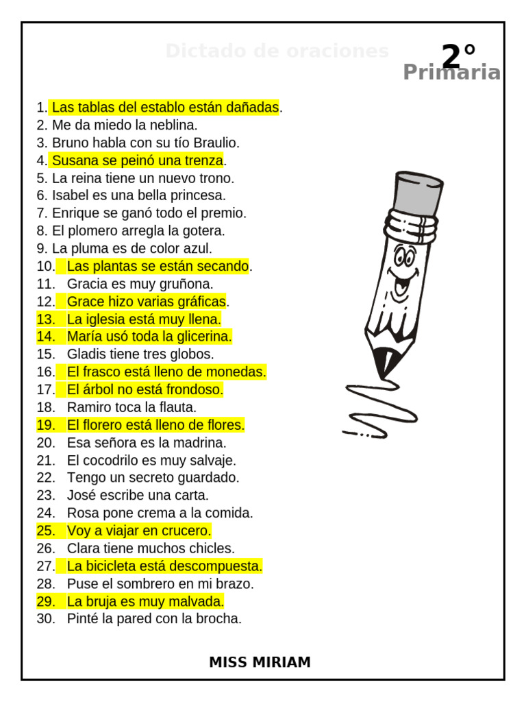 Dictado De Oraciones Para 4to De Primaria