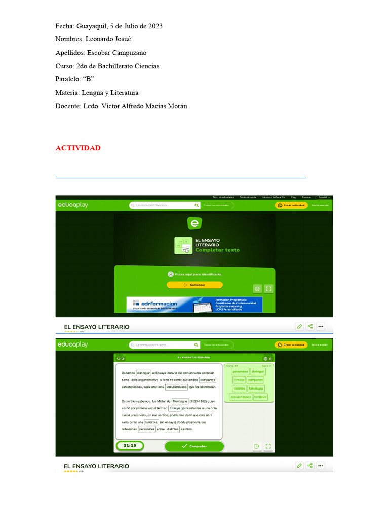 ACTIVIDAD ENSAYO LIT-LEONARDO ESCOBAR | PDF