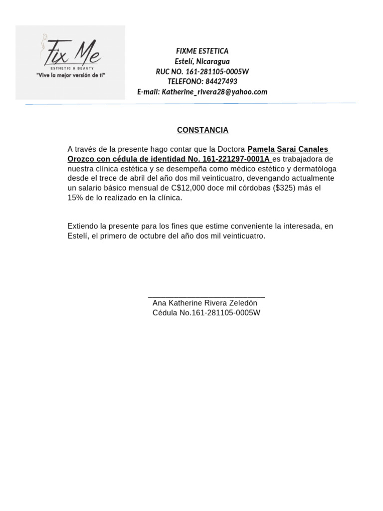 Constancia Laboral Doctora Canales Estelí | PDF