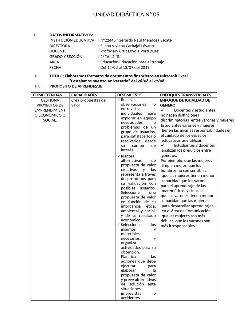 5 unidad de aprendizaje de 2° EPT | PDF | Evaluación | Microsoft Excel