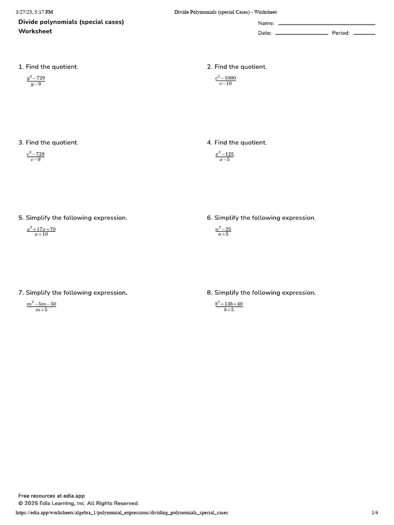 Dividing Polynomials Classwork | PDF