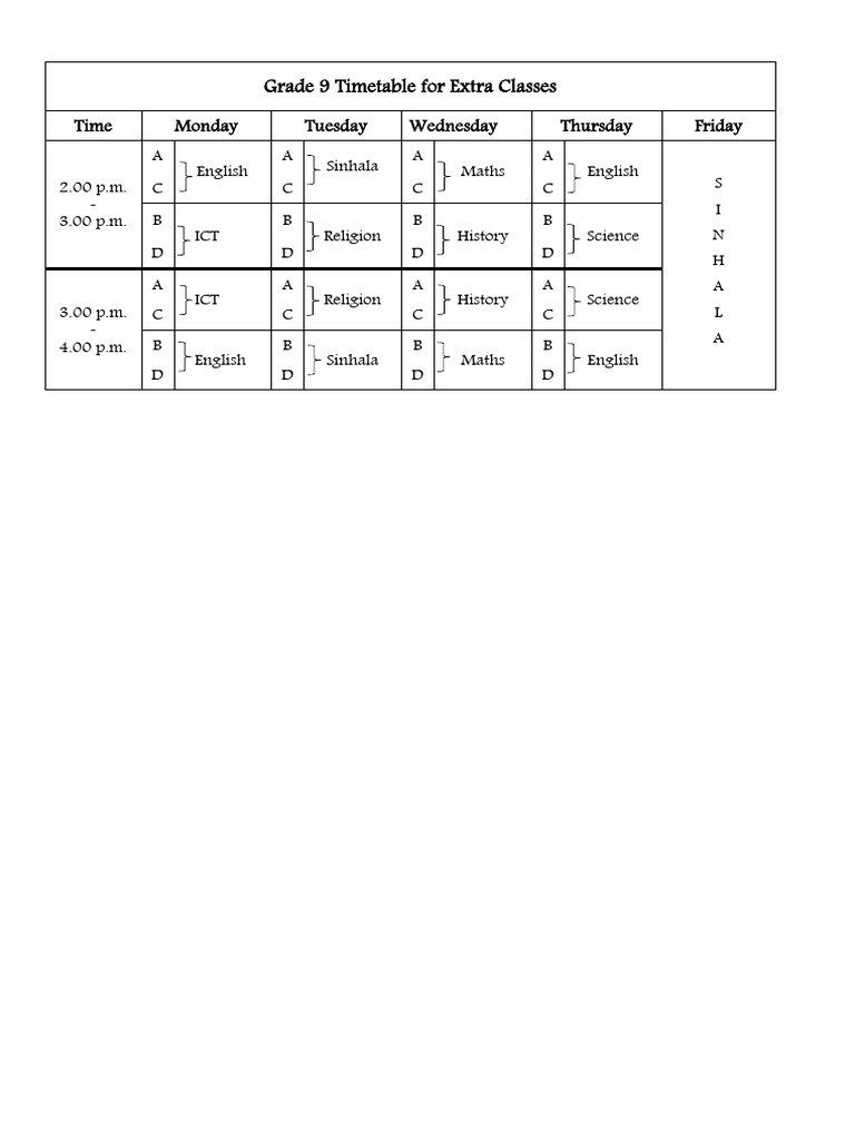 Time Table For Extra Classes | PDF