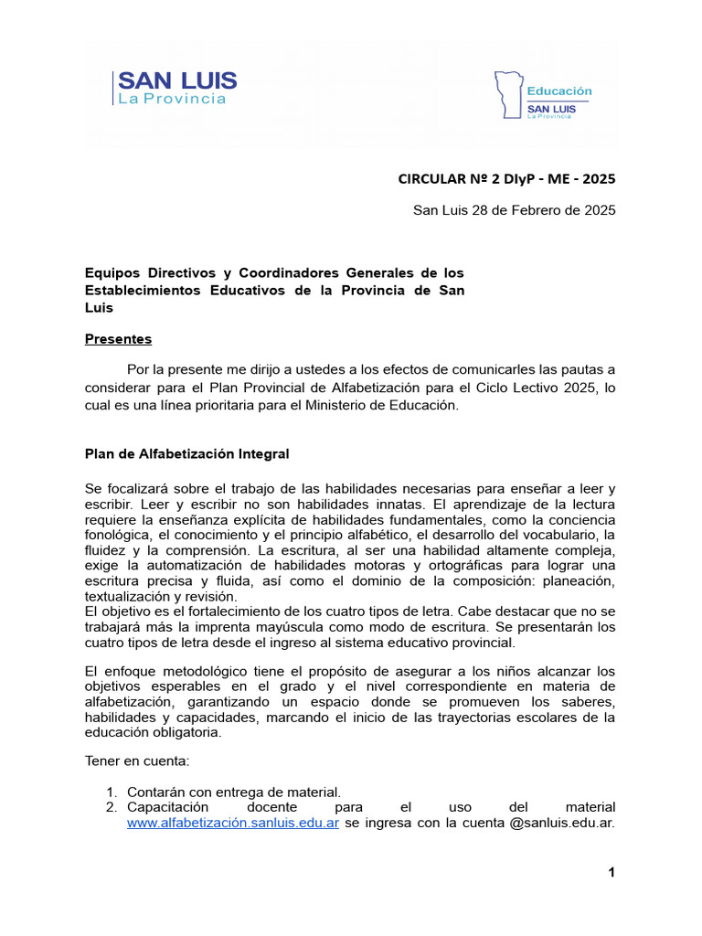 Circular #2 Diyp Me - Alfabetizacion 2025 | PDF | Literatura | Escritura