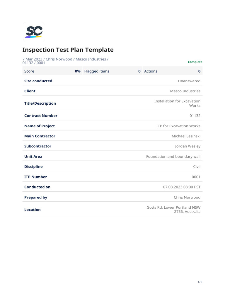 Inspection Test Plan Template Sample PDF Report | PDF | Specification ...