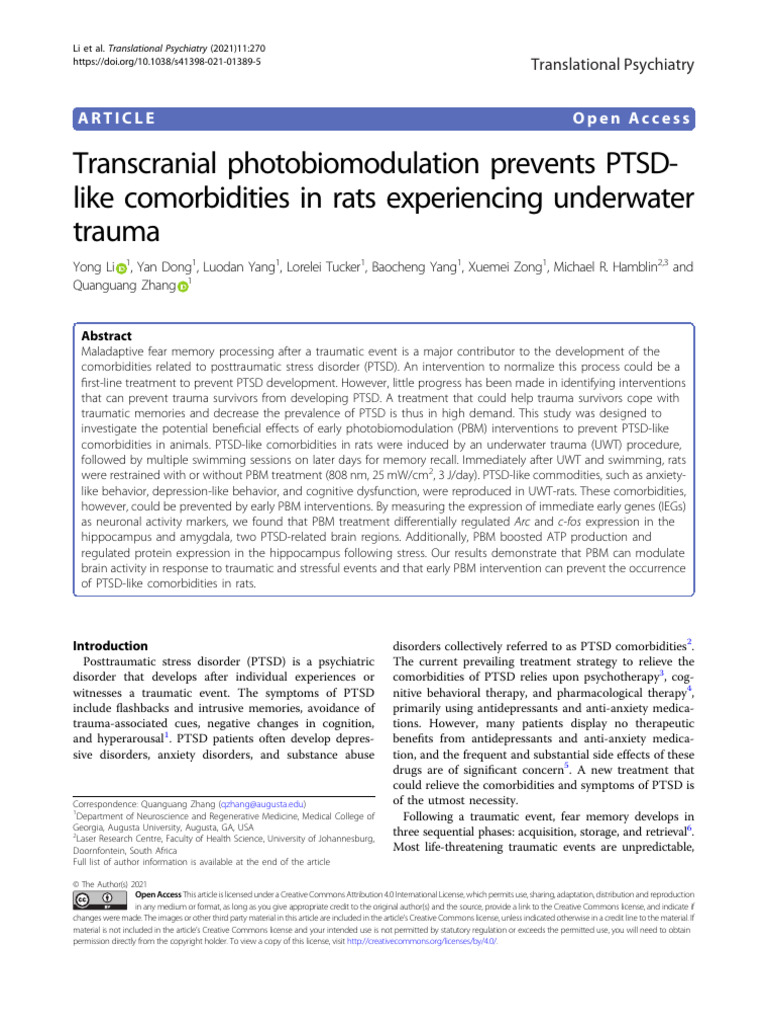 Transcranial Photobiomodulation Prevents PTSD - Like Comorbidities in ...