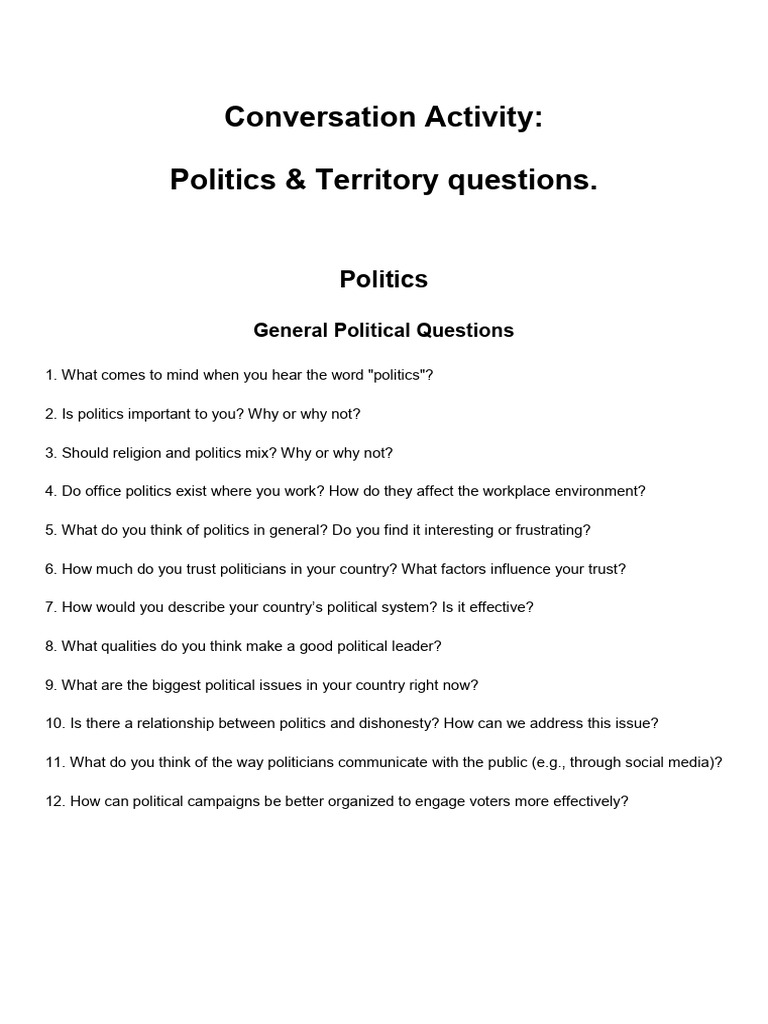 Politics and Territory conversation questions | PDF | English Language | Political Parties