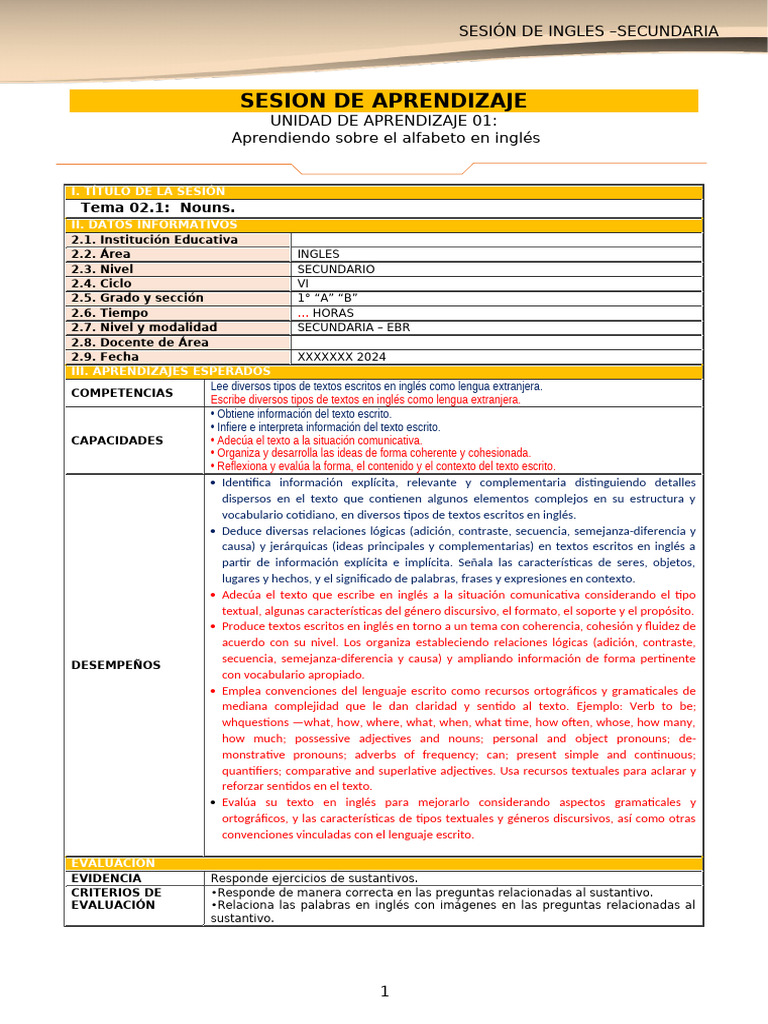 1° Sec. Sesion Actv 02.1 Ingles 2024 | PDF | Enseñando | Aprendizaje