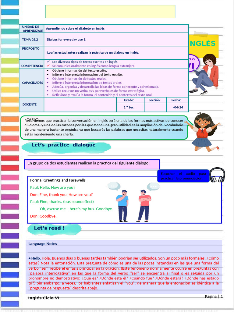 1°y2° INGL - FICHA ACTV 02.2.UNIDAD 01 | PDF | Idioma en Inglés | Comunicación humana