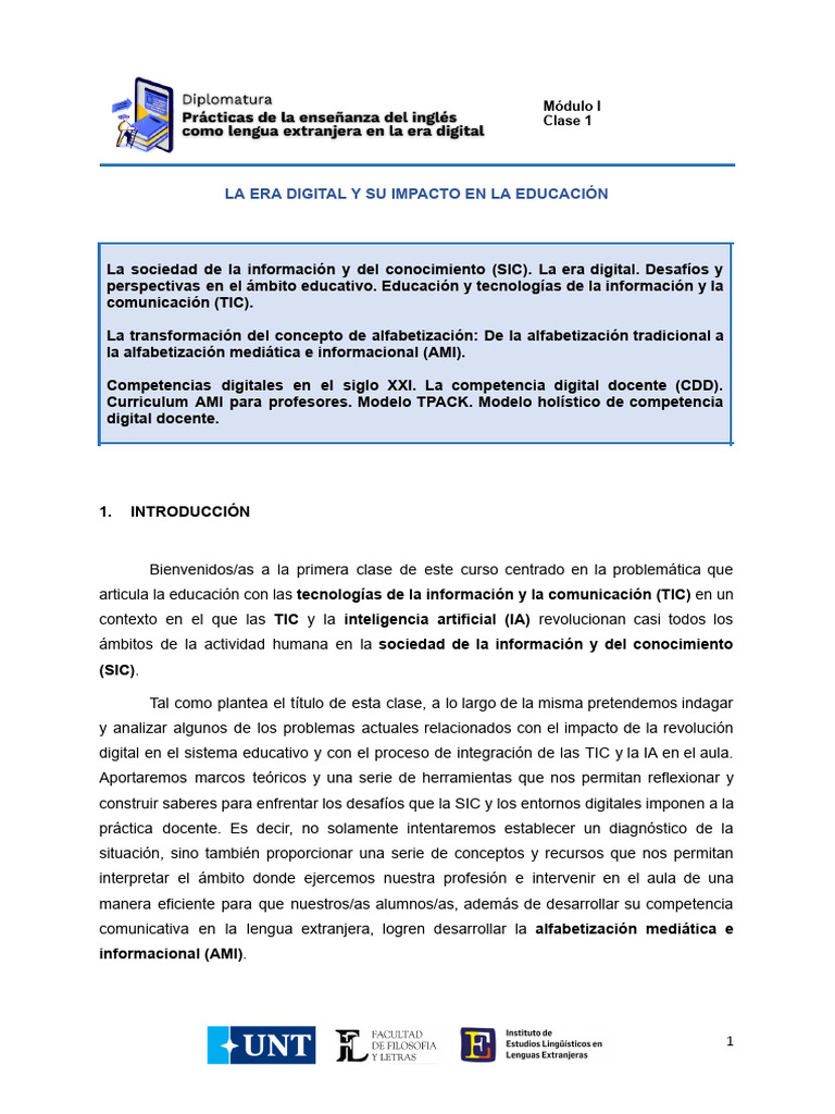 Modulo 1 - Clase 1 - La Era Digital y Su Impacto en La Educacion | PDF | Enseñando | Plan de ...