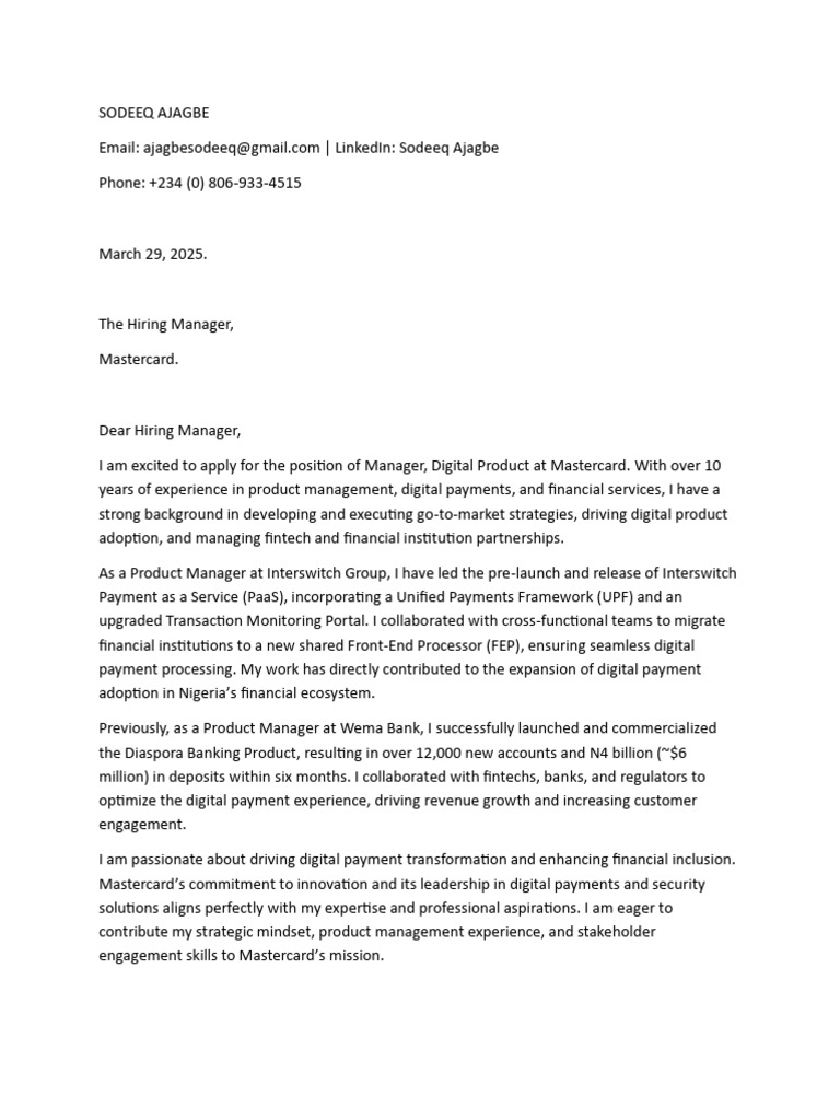 Mastercard Manager Application Letter | PDF