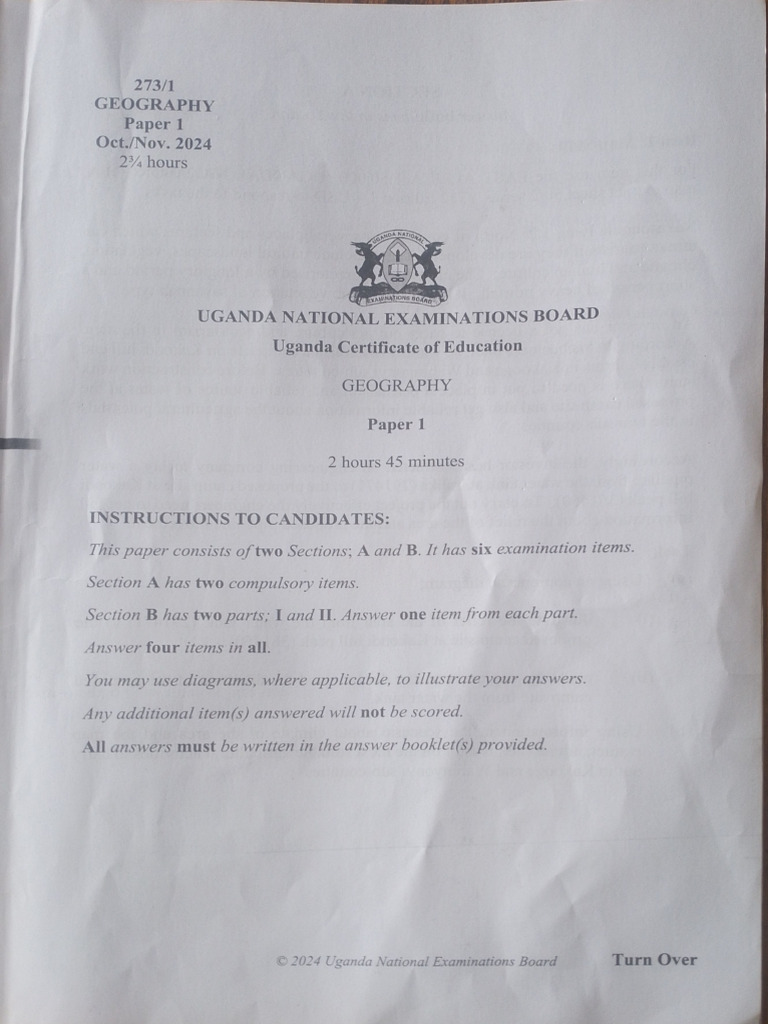 UNEB Geography Past Papers 2025 | PDF
