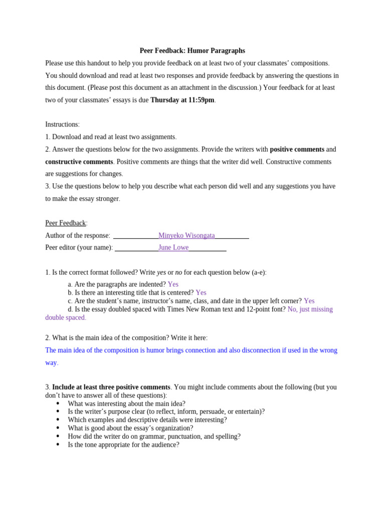 Peer Feedback Guide for Humor Essays | PDF | Essays | Jokes