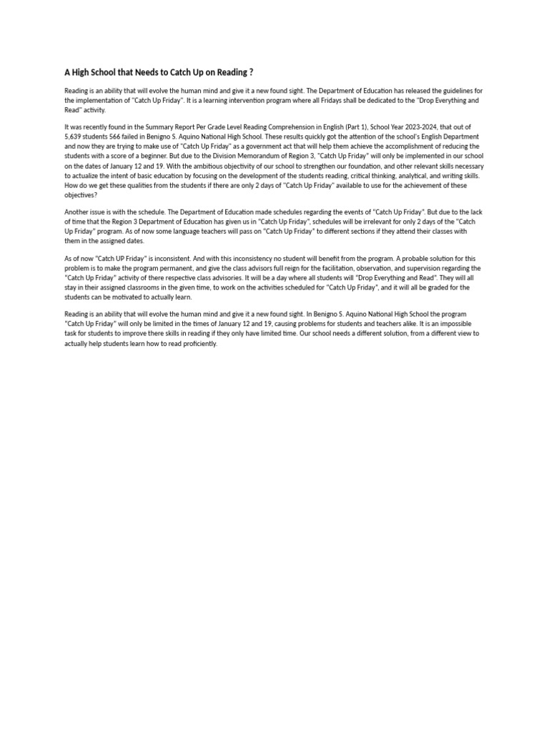 A High School That Needs To Catch Up On Reading | PDF | Human ...