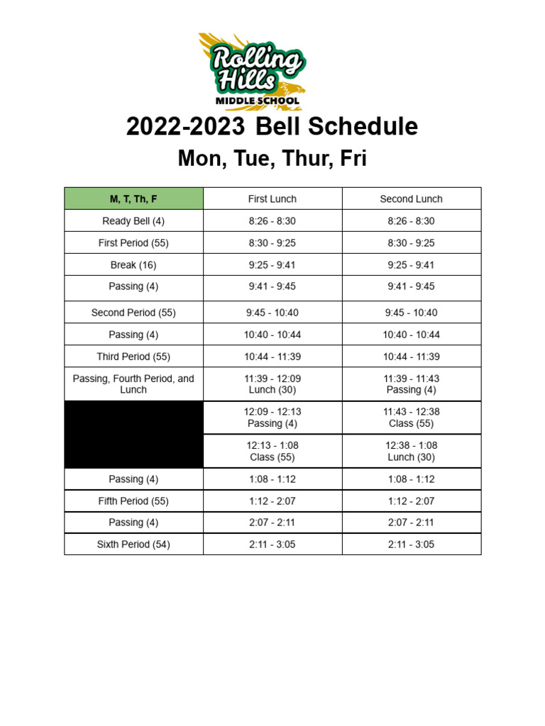 2022-2023 Middle School Bell Schedule | PDF | Lunch