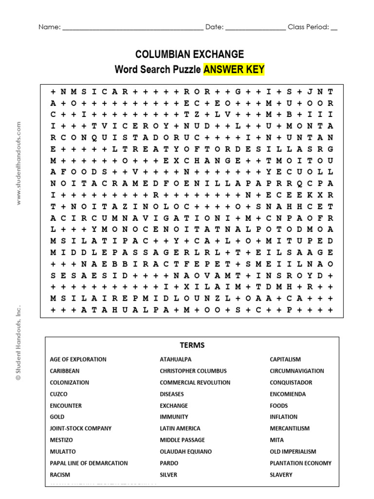 01 Columbian Exchange WORDSEARCHKey | PDF | Spanish Colonization Of The ...