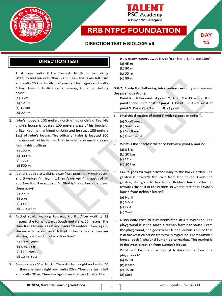 Direction Test & Biology for RRB NTPC | PDF | Digestion | Respiratory ...