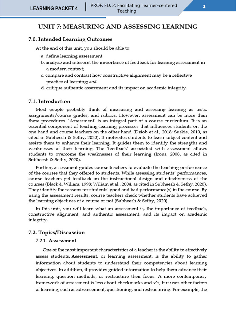 LP PROF ED 2 Unit 7 Measuring and Assessing Learning | PDF | Educational Assessment | Learning
