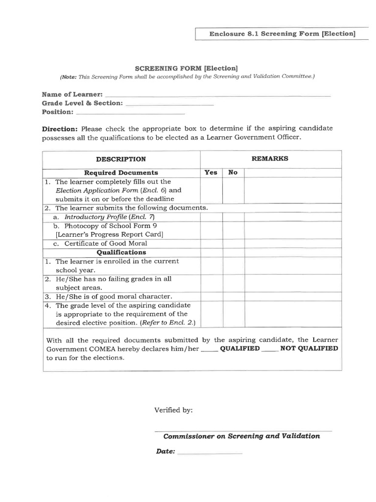 Enclosure 8.1 Screening Form | PDF