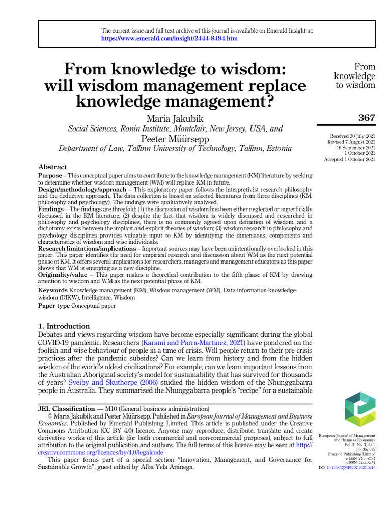 From Knowledge To Wisdom - Will Wisdom Management Replace Knowledge Management? - Jakubik and ...