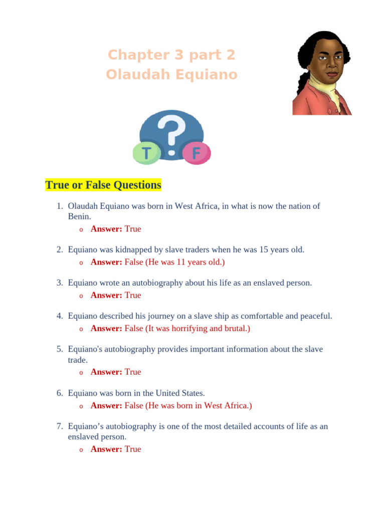 Chapter 3 Q & A Olaudah Equiano's (Part 2) + Key Answers | PDF ...
