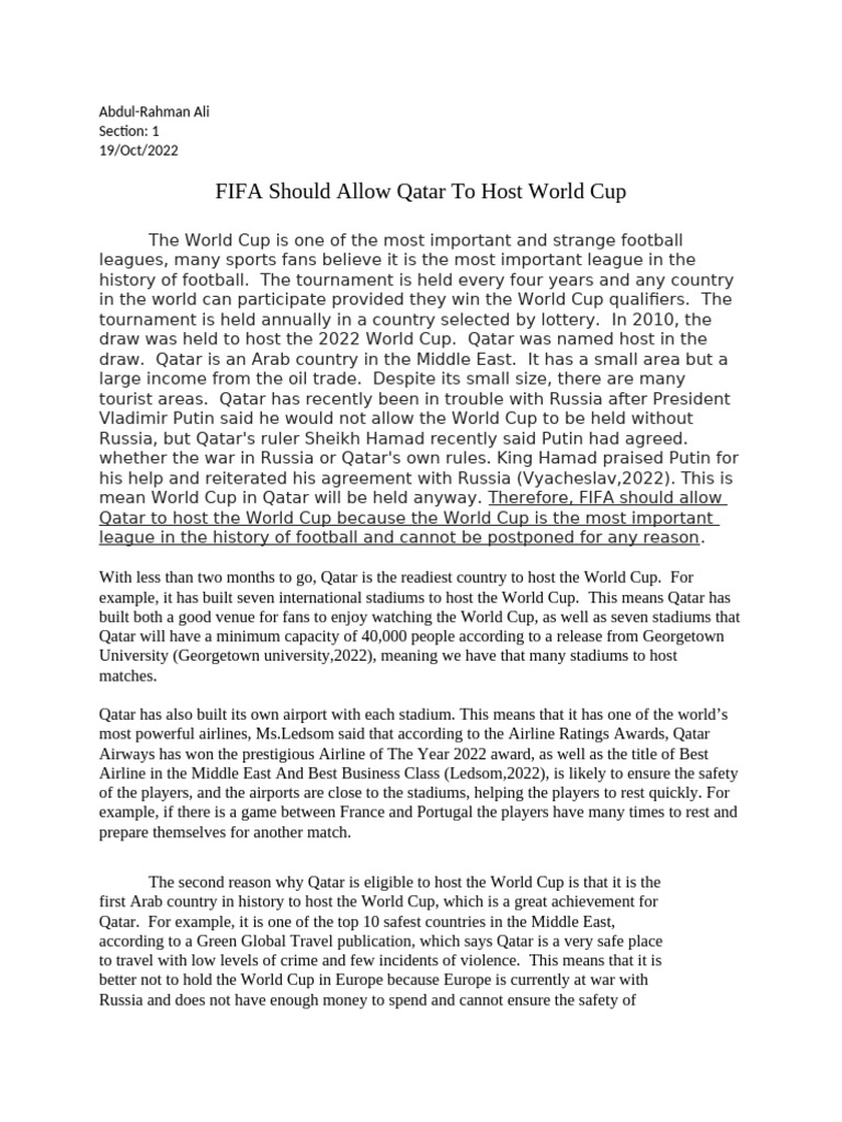 Essay First Draft2 | PDF | Qatar | Fifa World Cup