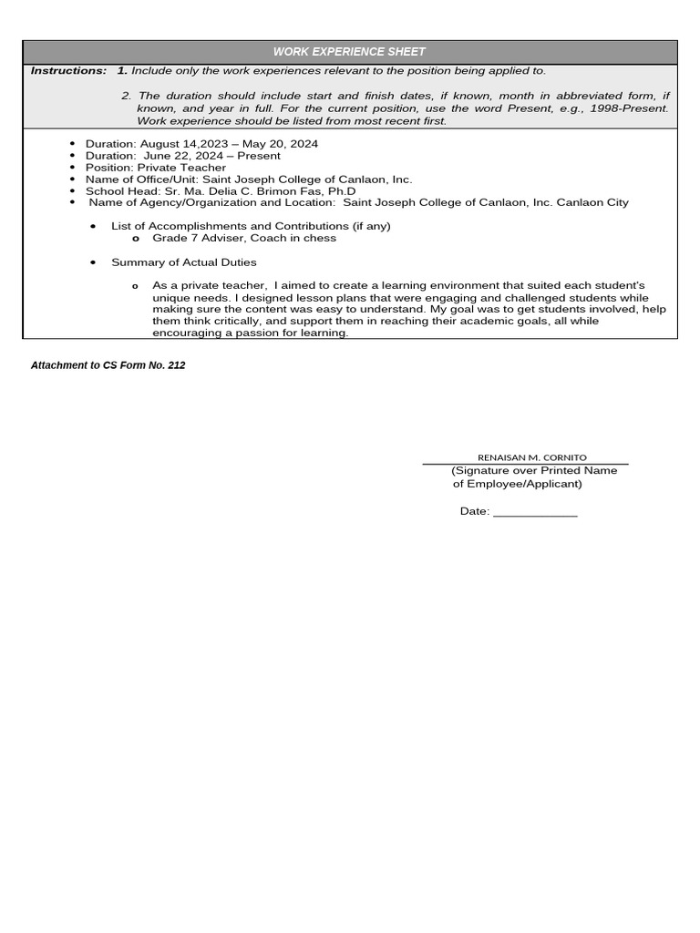 Work Experience Sheet | PDF