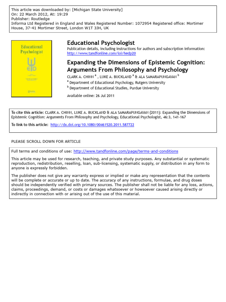 Chinn Et Al. (2011) - Expanding The Dimensions of Epistemic Cognition ...