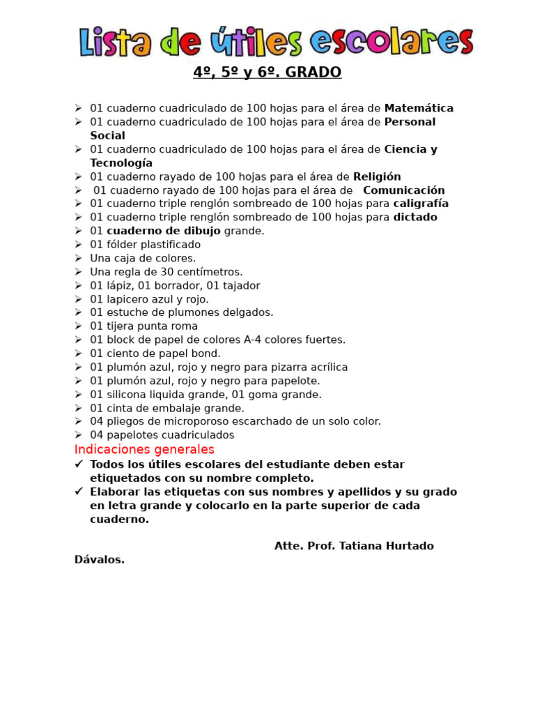 Utiles Escolares 4º, 5º y 6º Grado. | PDF