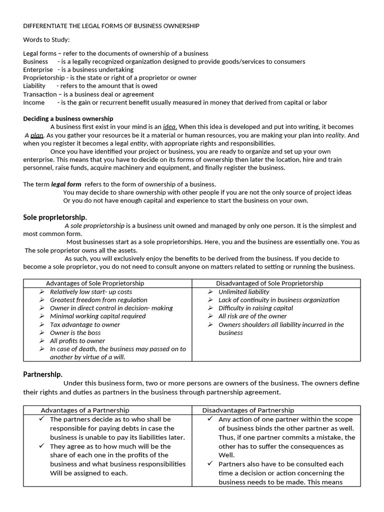 DIFFERENTIATE-THE-LEGAL-FORMS-Entrep-9 | PDF | Partnership | Sole Proprietorship