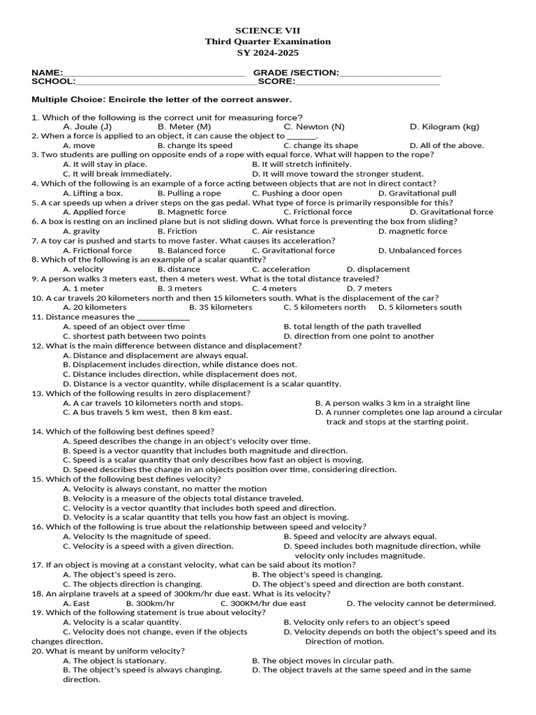 SCIENCE VII 3rd Quarter Examination | PDF | Force | Velocity