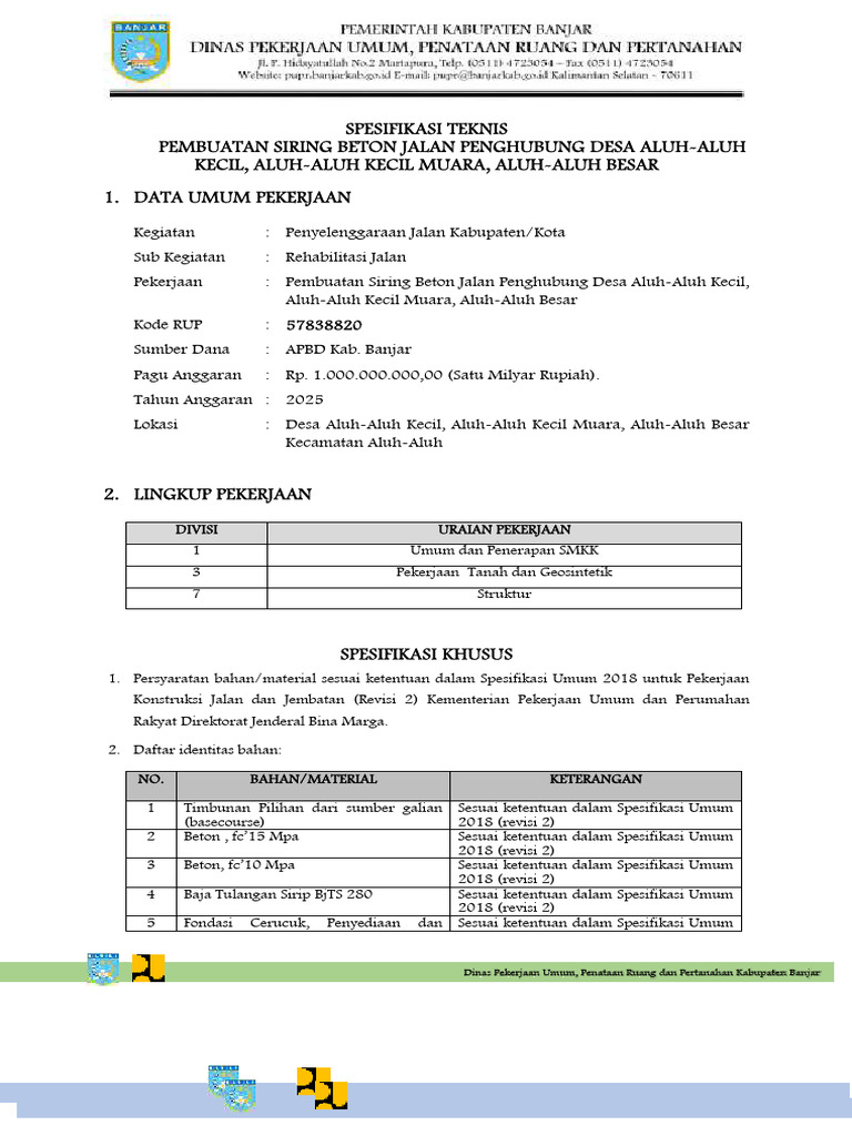 Spesifikasi Teknis Pembuatan Siring Beton Jalan Penghubung Desa Aluh ...