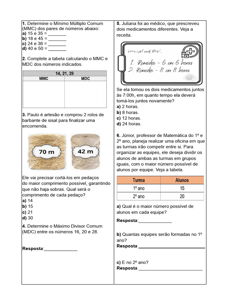 Exercícios de MMC e MDC para 5º e 6º Ano | PDF
