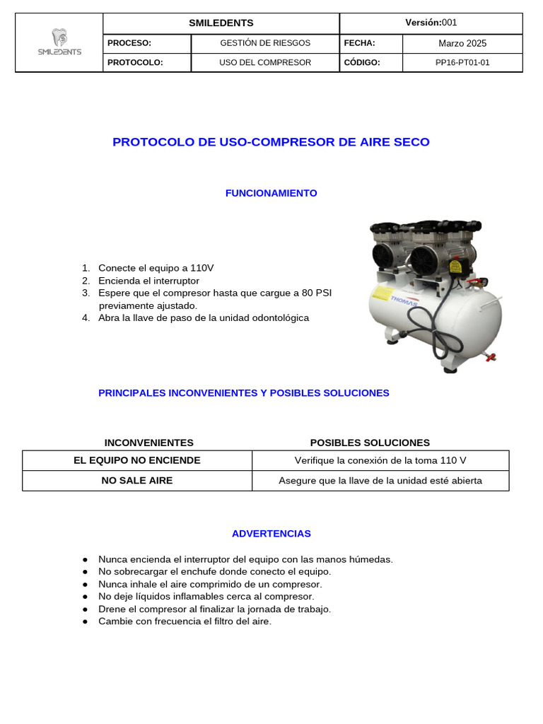 PP16-PT01-01 PROTOCOLO DE USO COMPRESOR DE AIRE SECO.docx | PDF