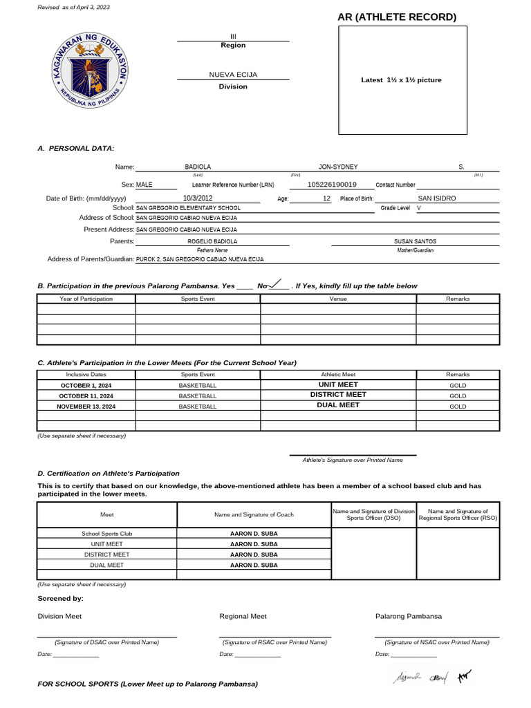 Athlete Record for Jon-Sydney Badiola | PDF