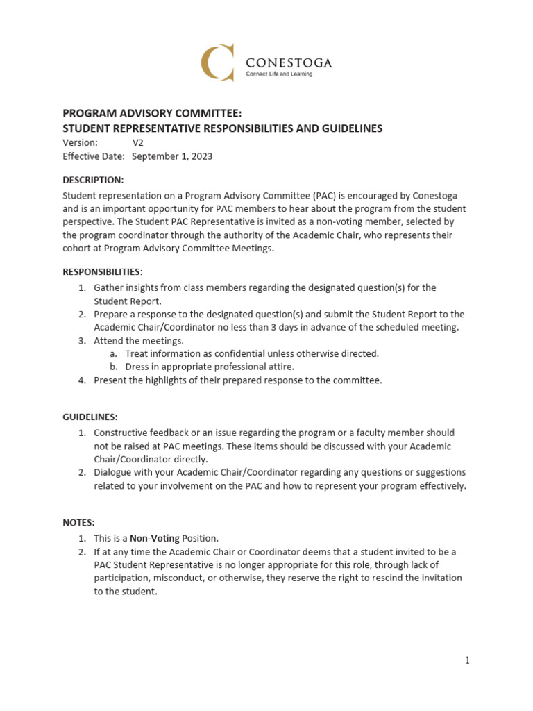 PAC Student Role Resp Guidelines 2023 09 05 | PDF