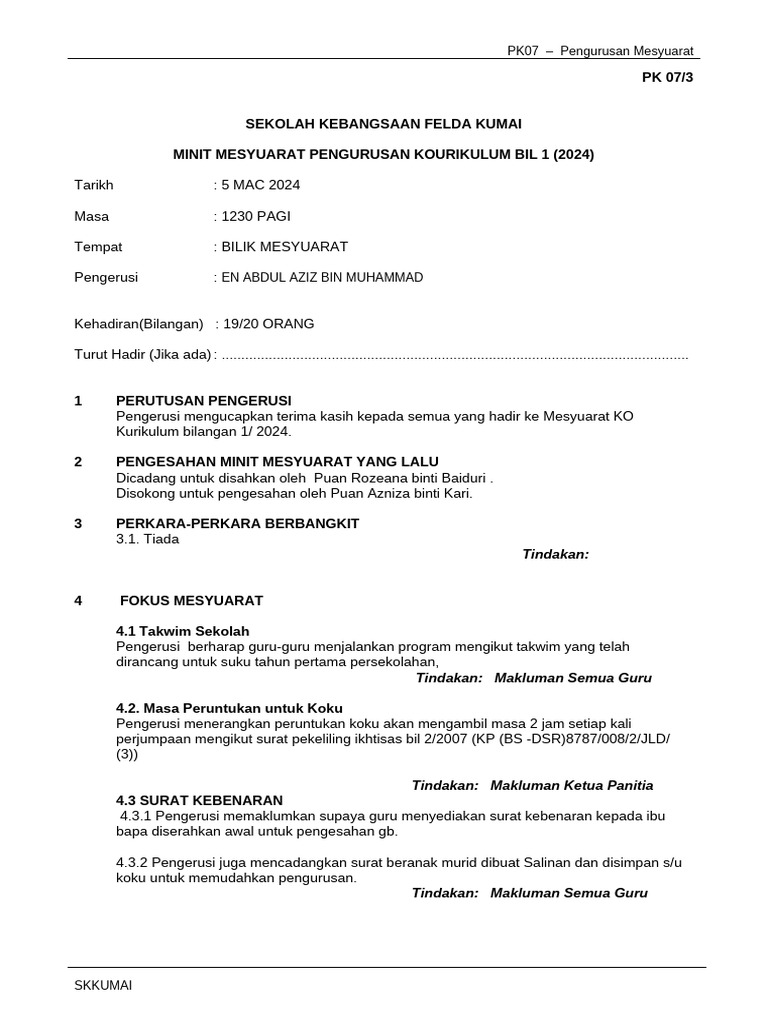 Minit Mesyuarat PJPK | PDF