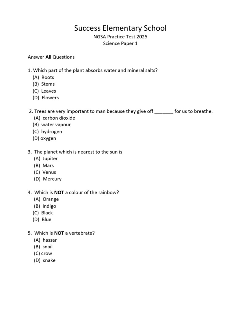 NGSA Practice Test Science Paper 1 - 29th March, 2025 | PDF | Blood | Foods