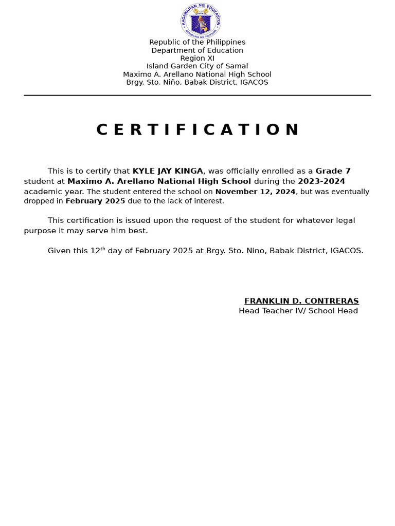 Cert of Enrollment | PDF