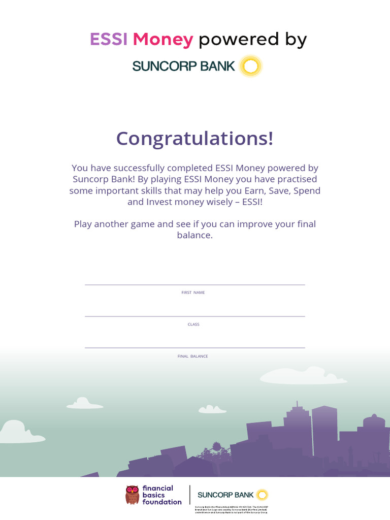 ESSI Money Game Completion Certificate | PDF