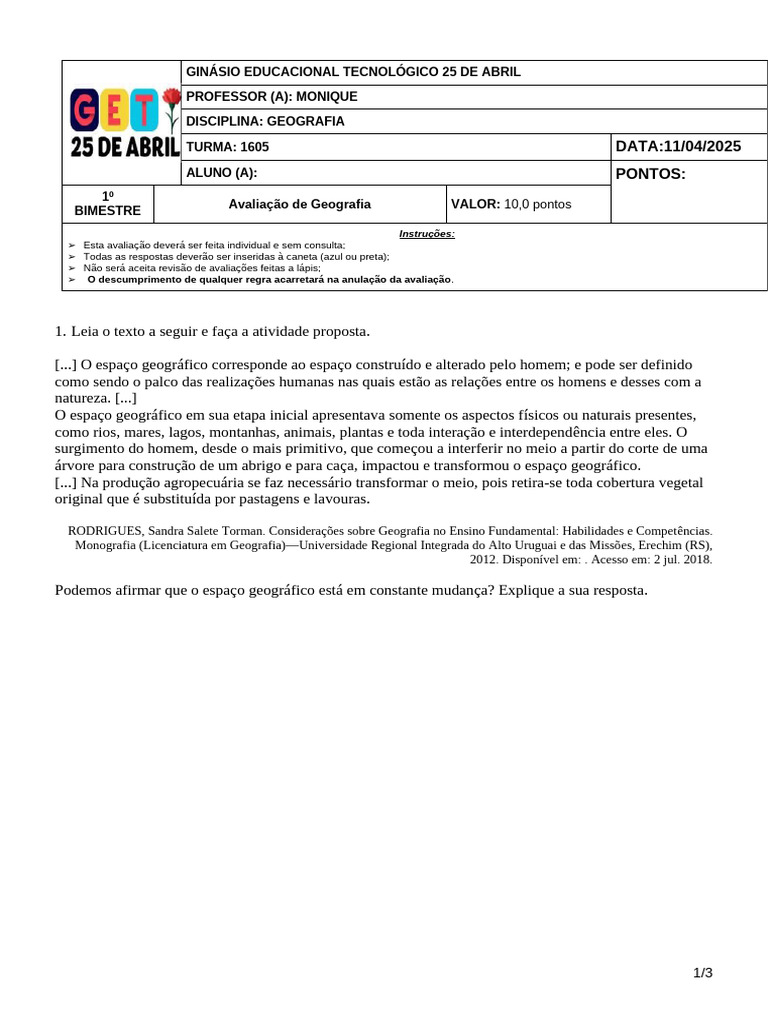 Prova Geo 6º Ano 1 Bimestre - EM25 | PDF | Geografia | Desperdício