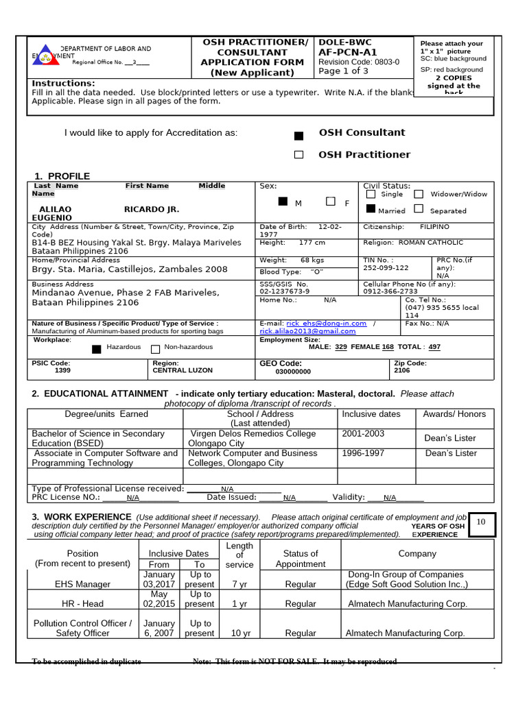 OSH Practitioner Application Form | PDF