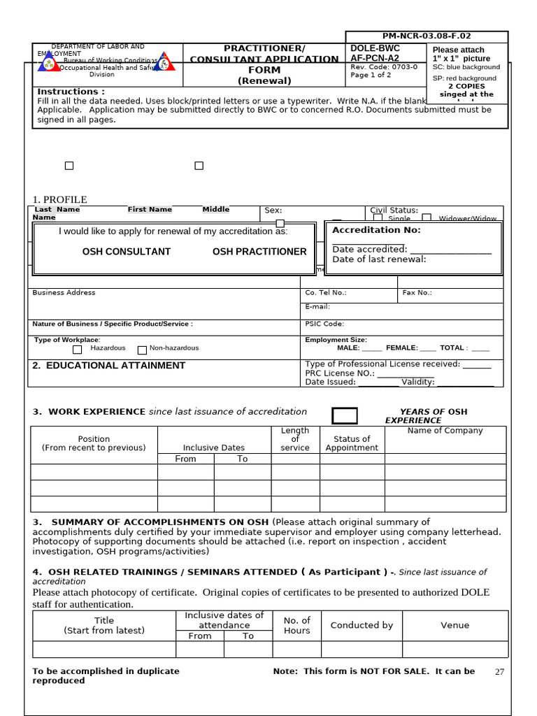 BWC OSH Consultant Renewal Application | PDF | Occupational Safety And ...