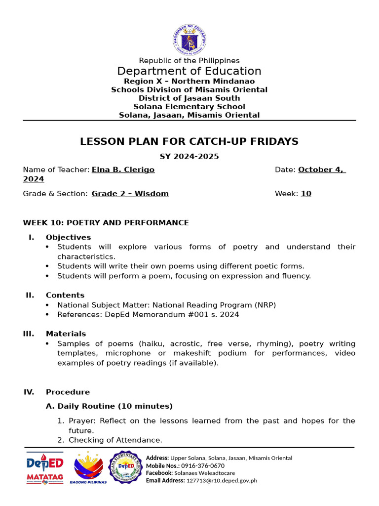 Catch-Up Fridays Lesson Plan - Grade 2 | PDF | Poetry | Lesson Plan