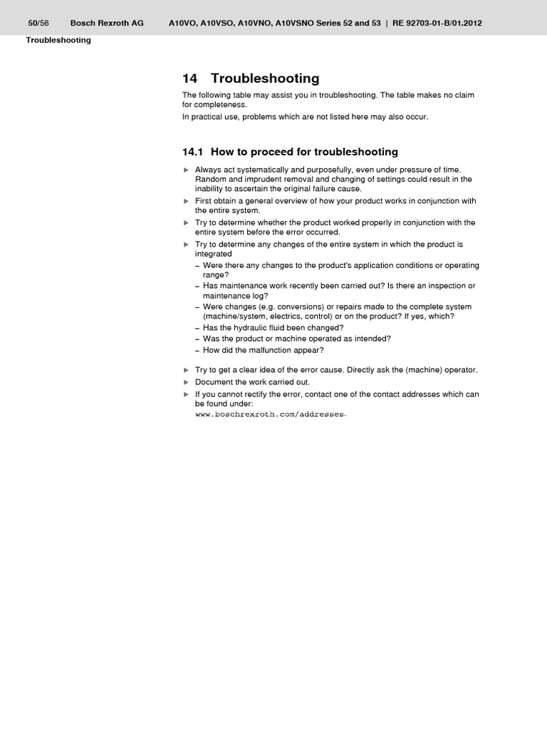 A10VO/A10VSO Series Troubleshooting Guide | PDF | Troubleshooting | Piston