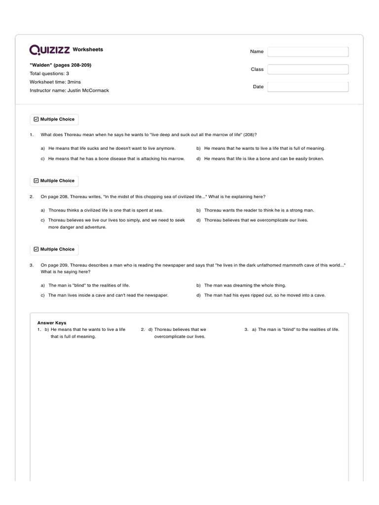"Walden" (Pages 208-209) - Quizizz | PDF