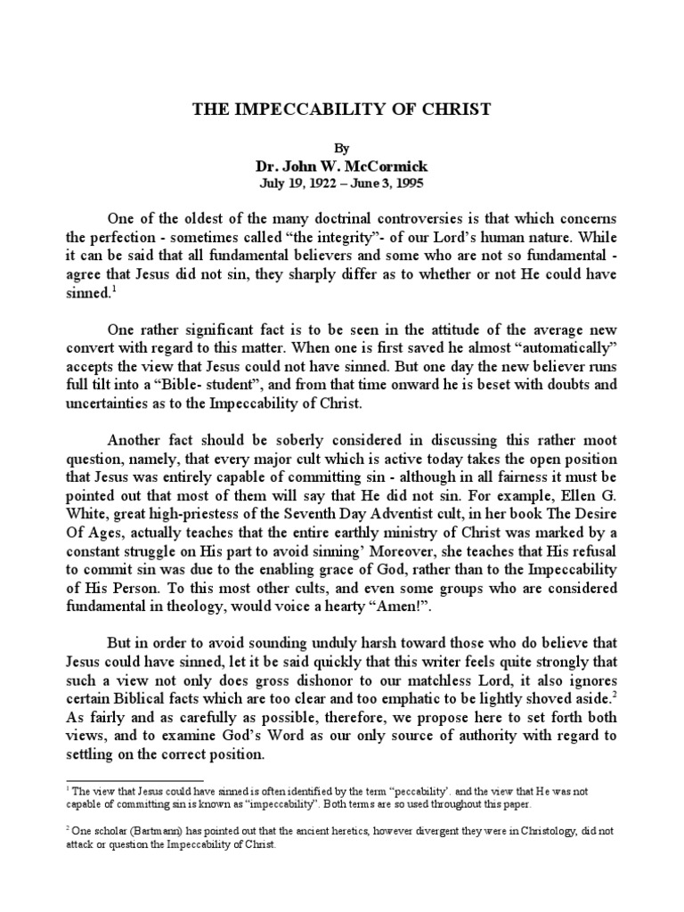 The Impeccability of Christ | PDF | Incarnation (Christianity) | Jesus