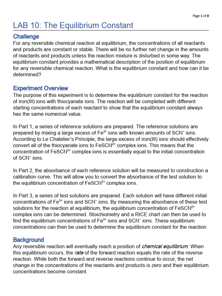 LAB 10 The Equilibrium Constant | PDF | Chemical Equilibrium | Observational Error